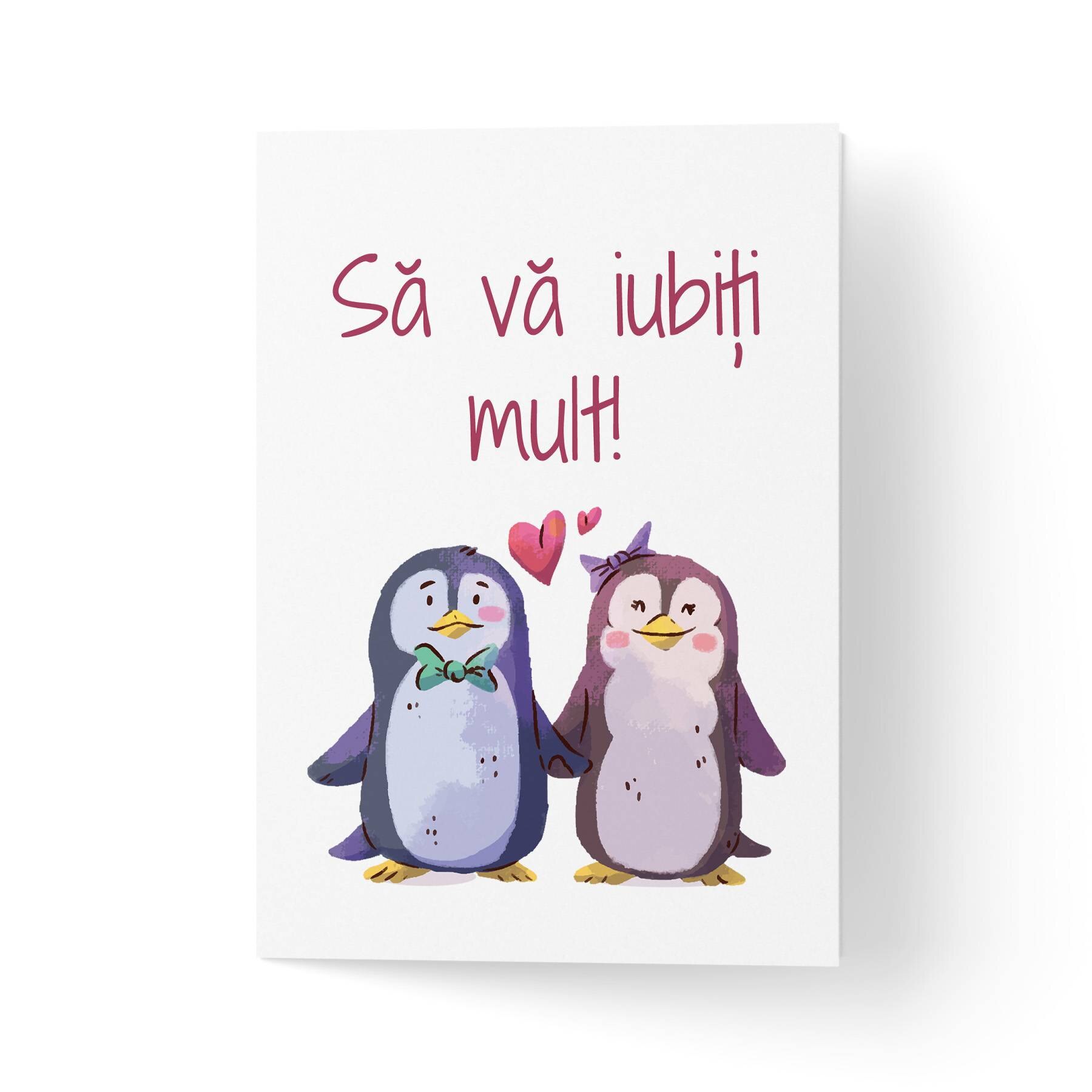 Felicitare cu plic, hartie texturata premium - pentru nunta cu pinguini ...