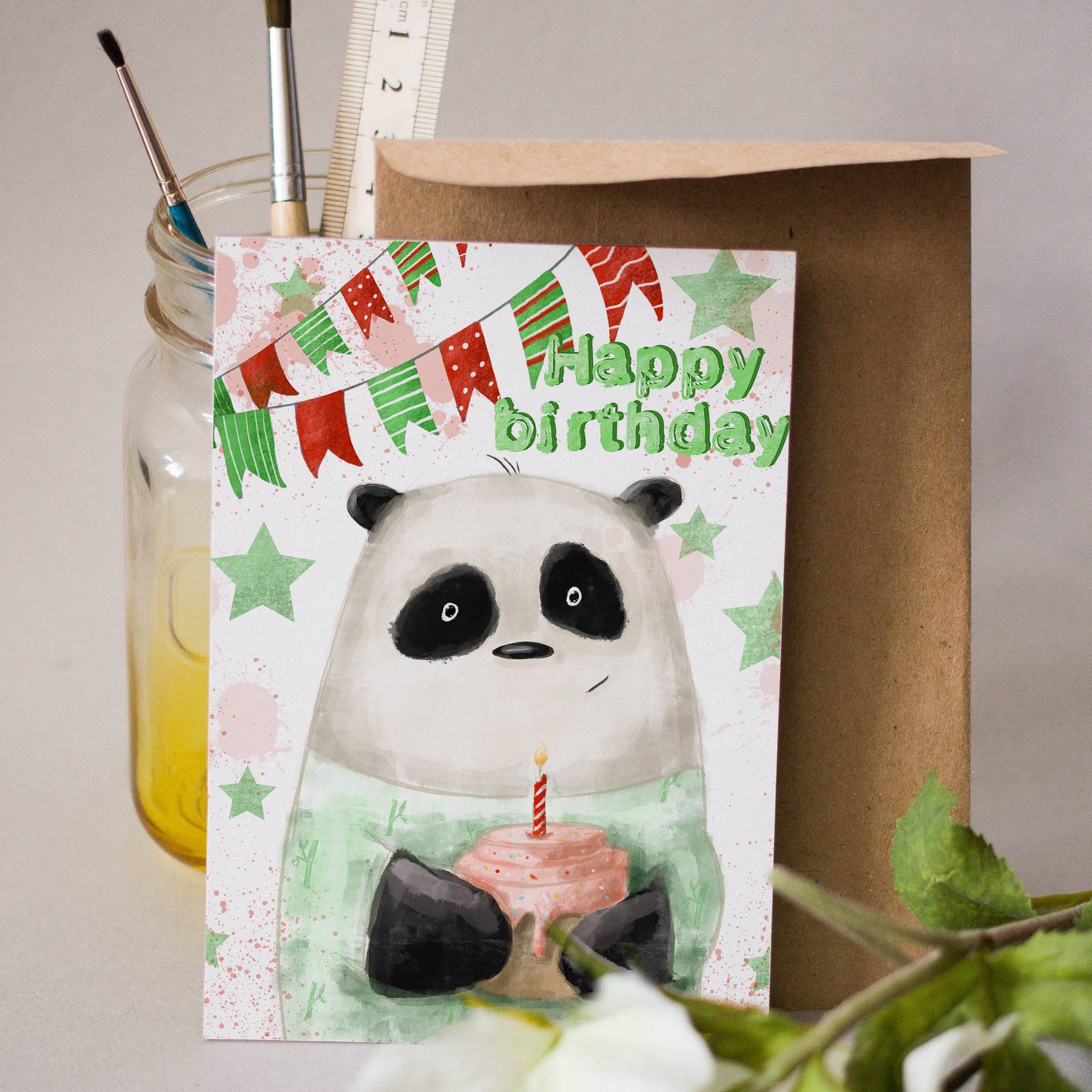 100 рециклирана картичка с плик висококачествена текстурирана хартия рожден ден с панда