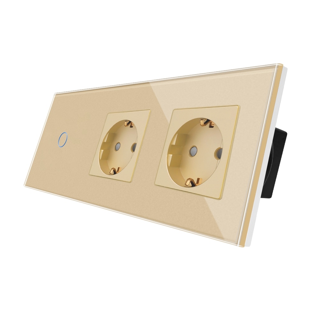 Intrerupator Simplu si 2 Prize cu Rama din Sticla LUXION, Auriu - eMAG.ro