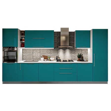 Set Bucatarie CHARM 01 410cm, Fronturi MDF Lucios Turcoaz, Blat Alb ...