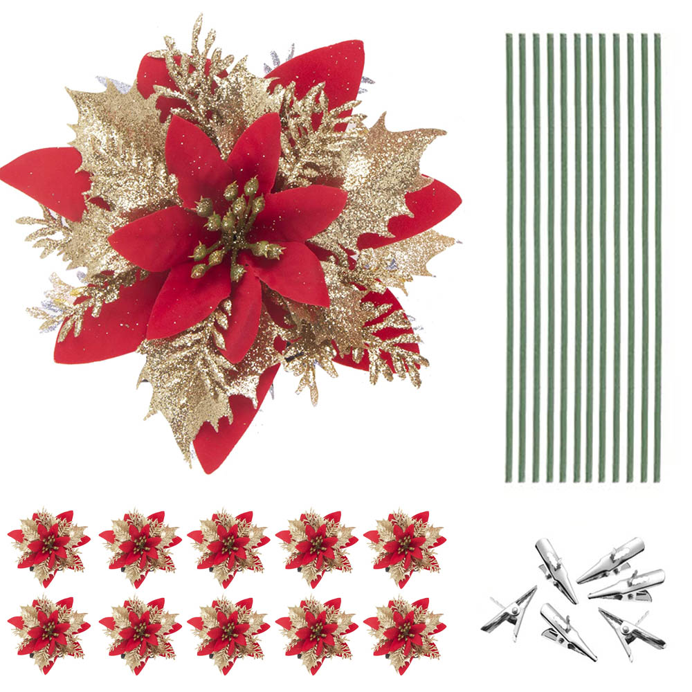 Set 10 flori artificiale brad, Koungiam, 14cm, Rosu/Auriu - eMAG.ro