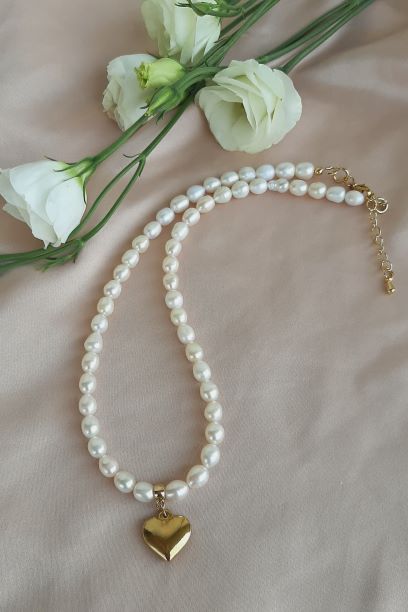 Colier elegant din perle albe de calitate, cu pandant inima, 40cm - eMAG.ro