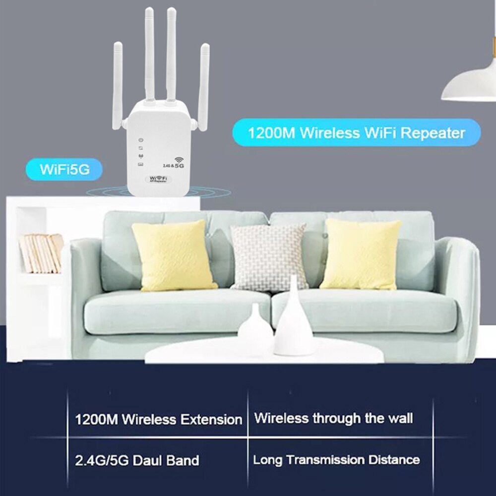 Усилвател за безжичен интернет, WiFi Repeater, 1200Mbps, 4 антени, Бял ...