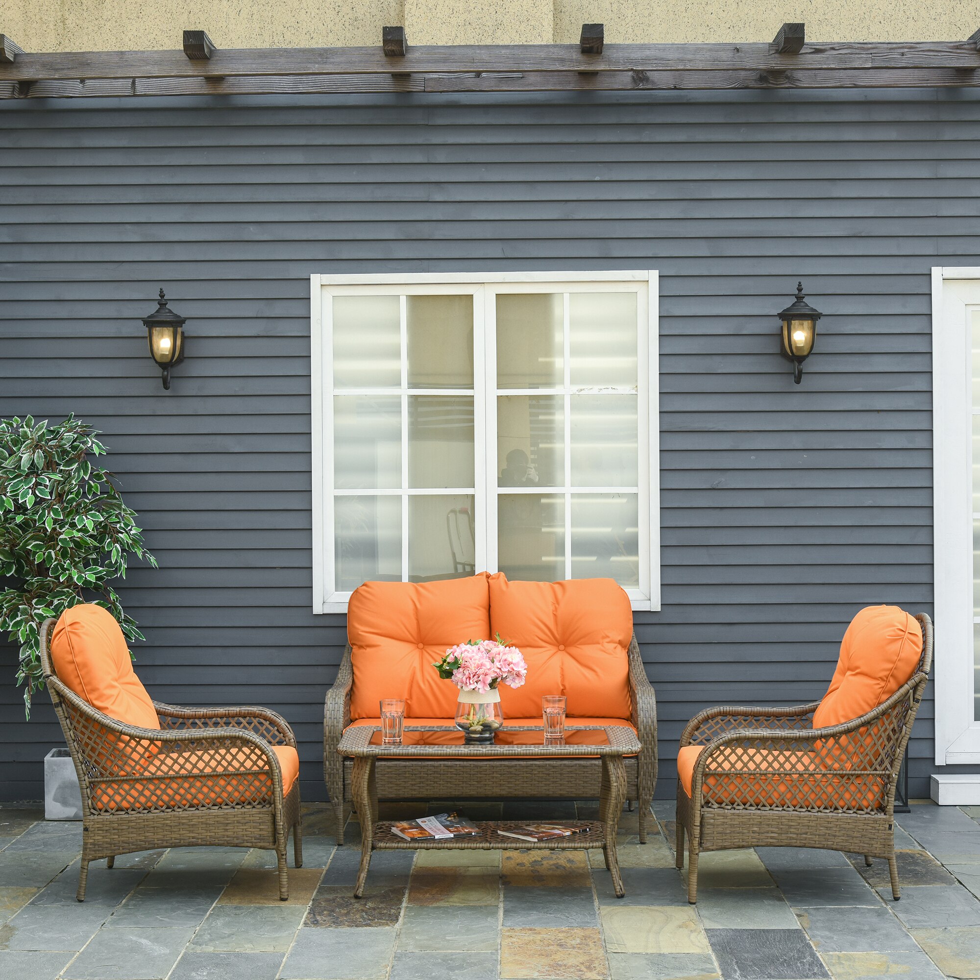 Set mobilier de gradina, Outsunny, Ratan, 102L x 60,5P x 50Acm, Kaki ...