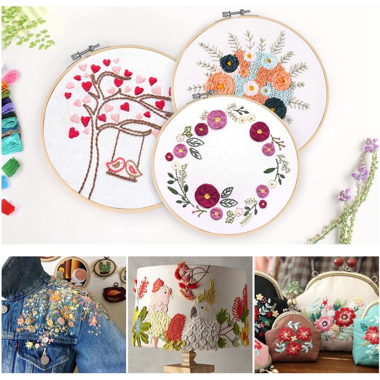 Set profesional de broderie, EZGETOP®, 100 fire colorate, 5 cercuri ...