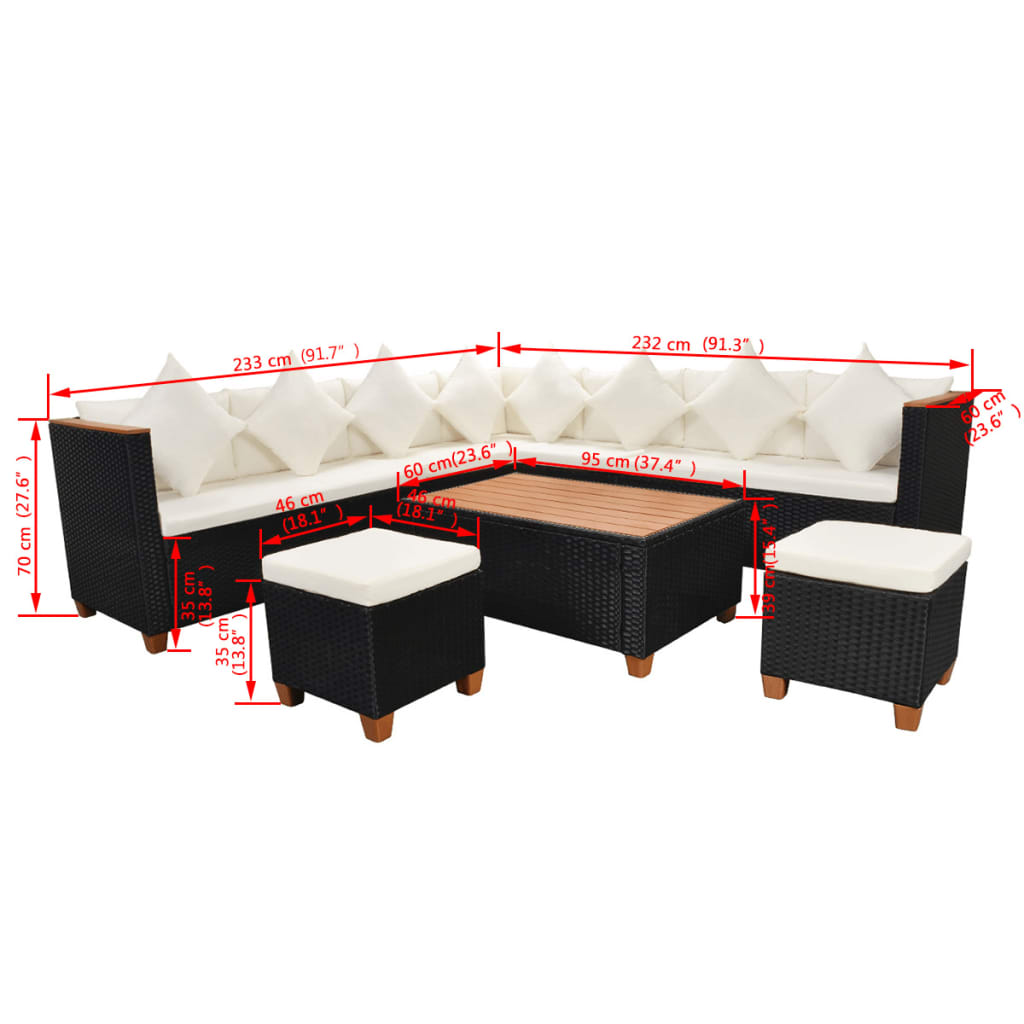 Set mobilier de gradina cu perne, 7 piese, Modern, negru, poliratan ...