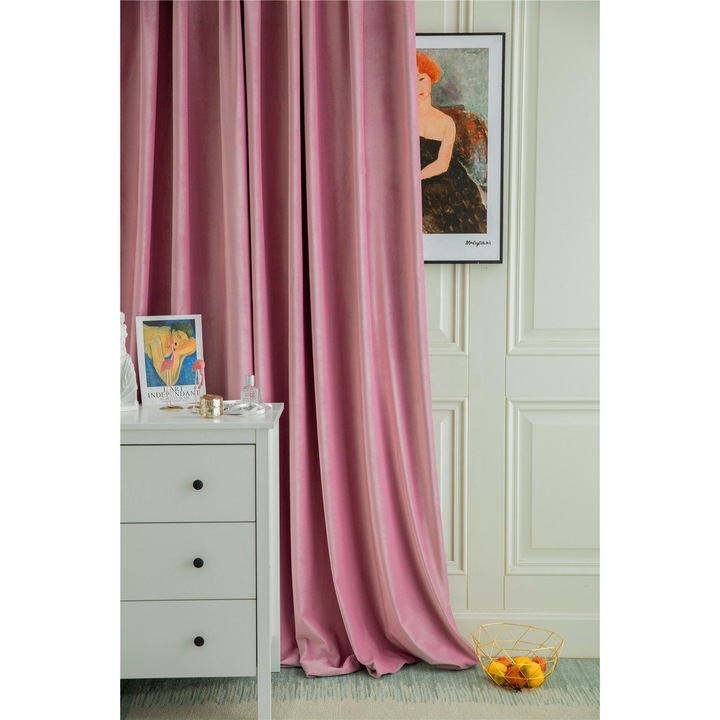 Set 2 bucati draperie catifea culoare roz, croita cu rejansa pentru ...