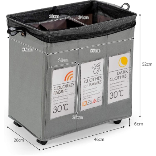 Cos de rufe cu 3 compartimente, magbestdlx, 52 x 46 x 26 cm, Gri, 120L ...