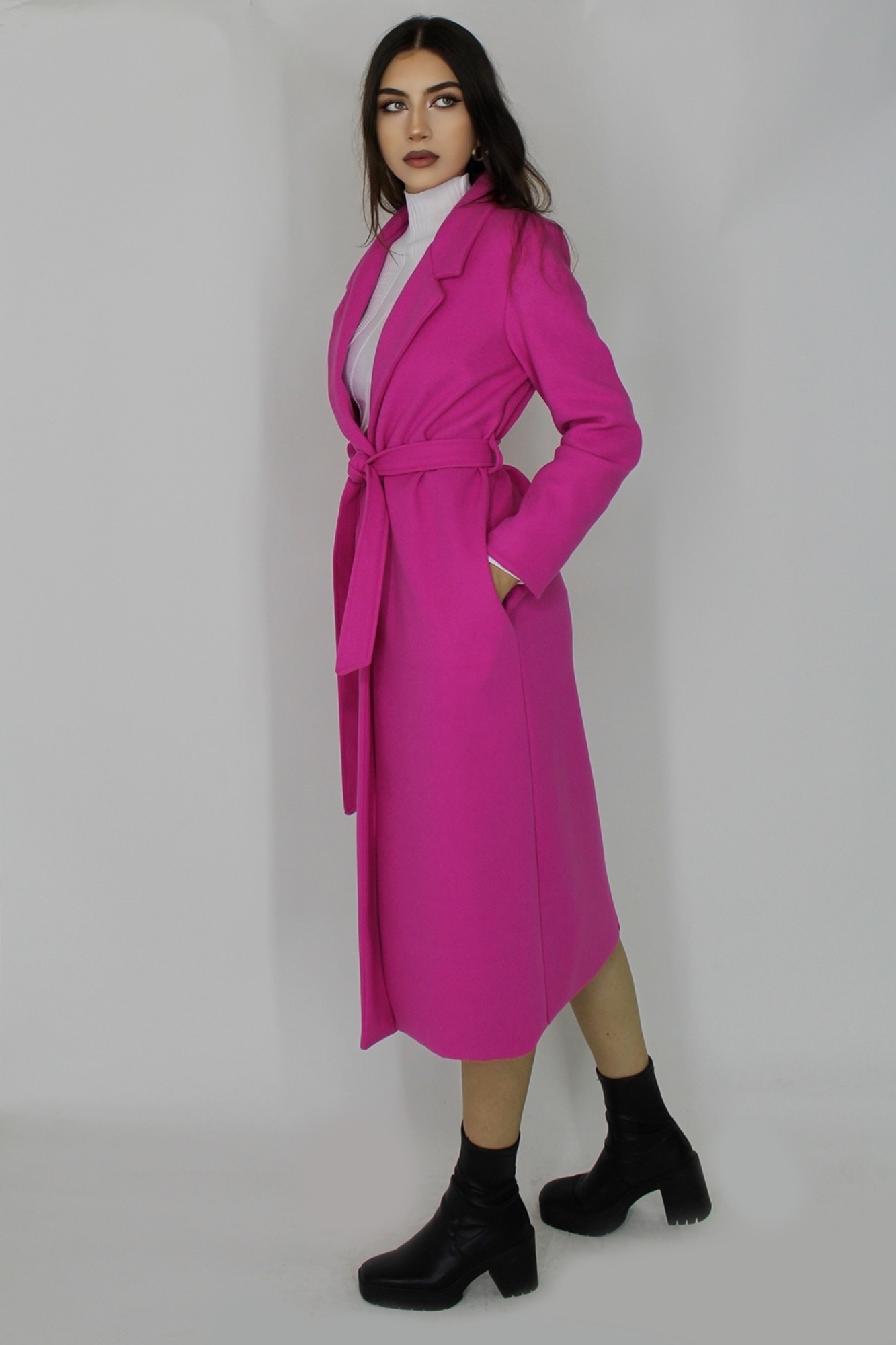 Palton lung Melanda, material gros si cordon detasabil, Fucsia, Masura ...