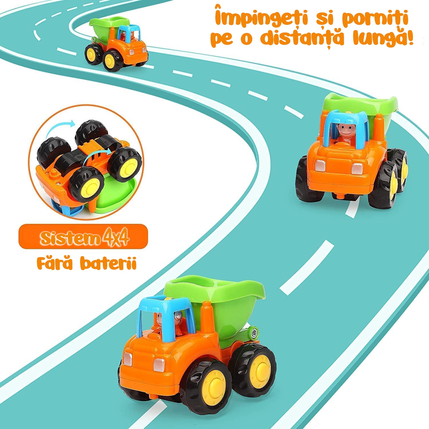 Set Masinute de jucarie cu frictiune, Vehicule de constructie, Tractor ...