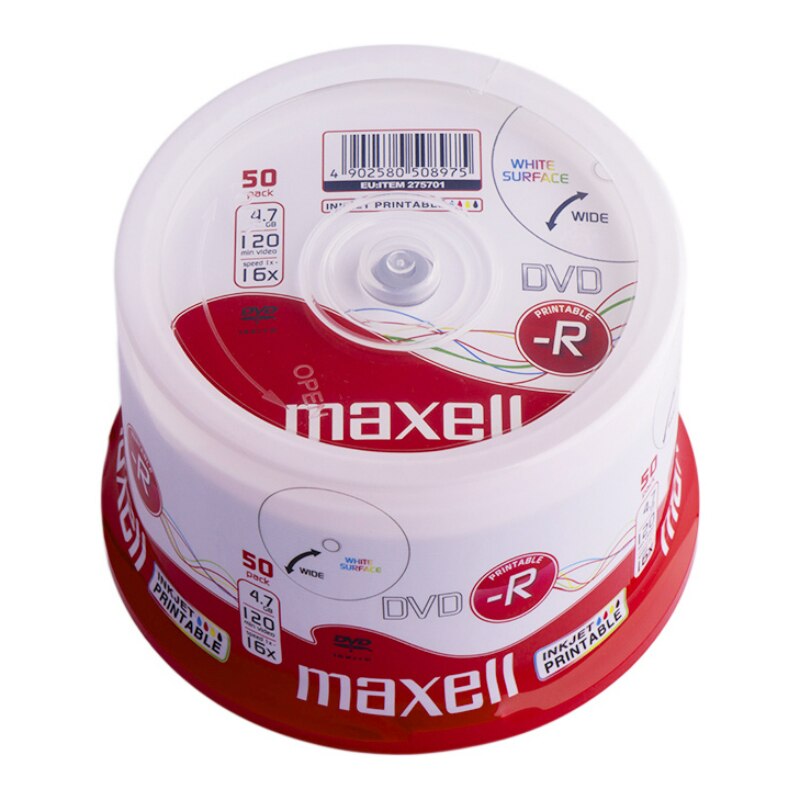 Set 50 suporturi de stocare, Maxell, DVD-R, 16x, 4,7GB, 120min, Alb/Rosu - eMAG.ro