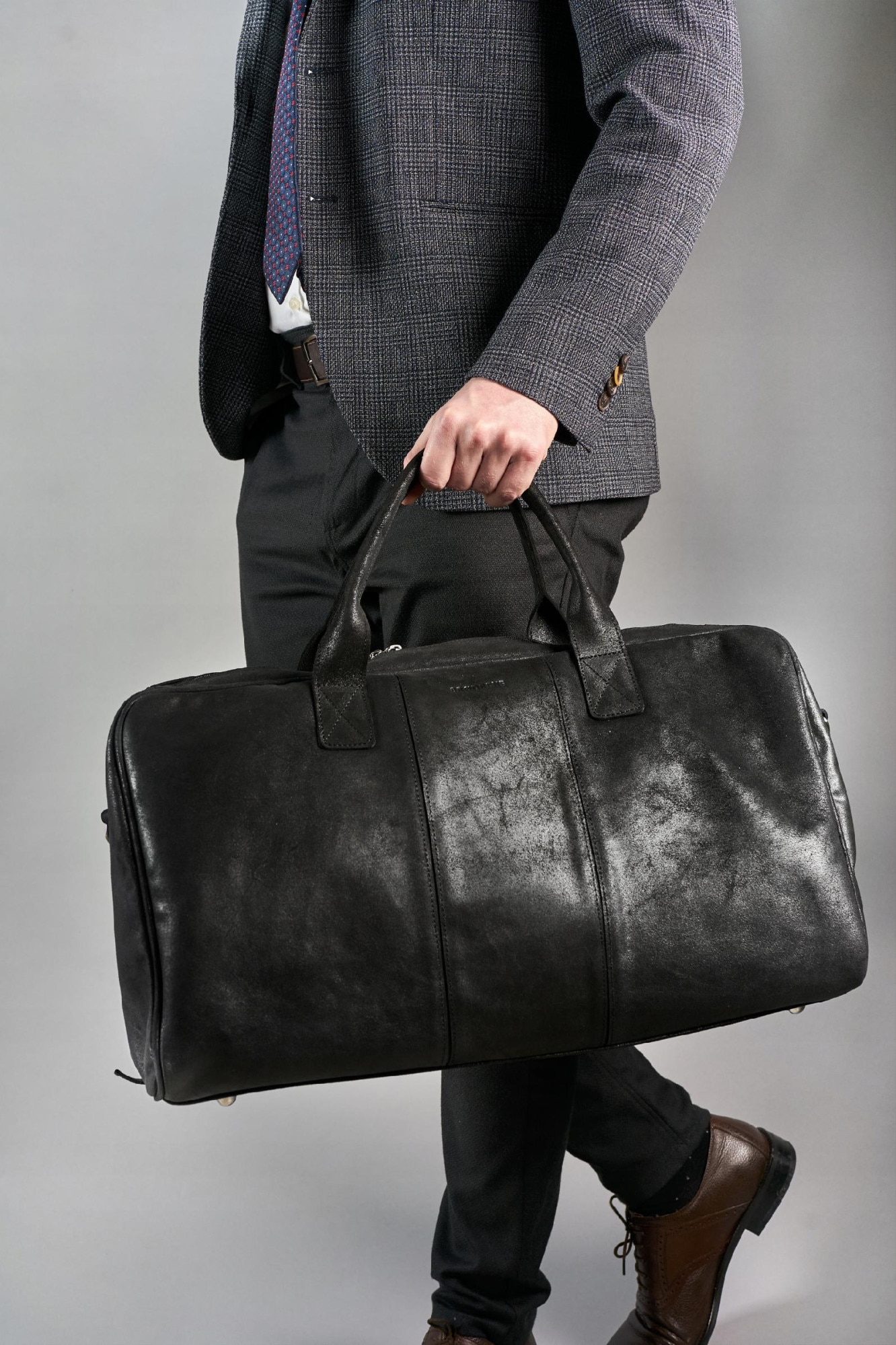 Geanta de voiaj barbati Brodrene, Piele naturala, 34x24x54 cm, Negru ...