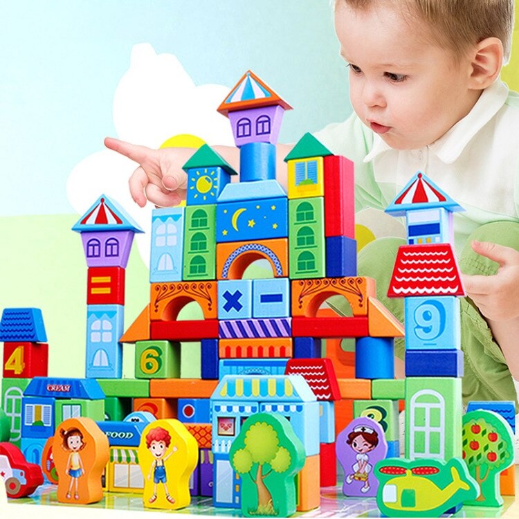 Set Cuburi din Lemn pentru Construit SEMERAY, 100 piese, Trafic Urban ...