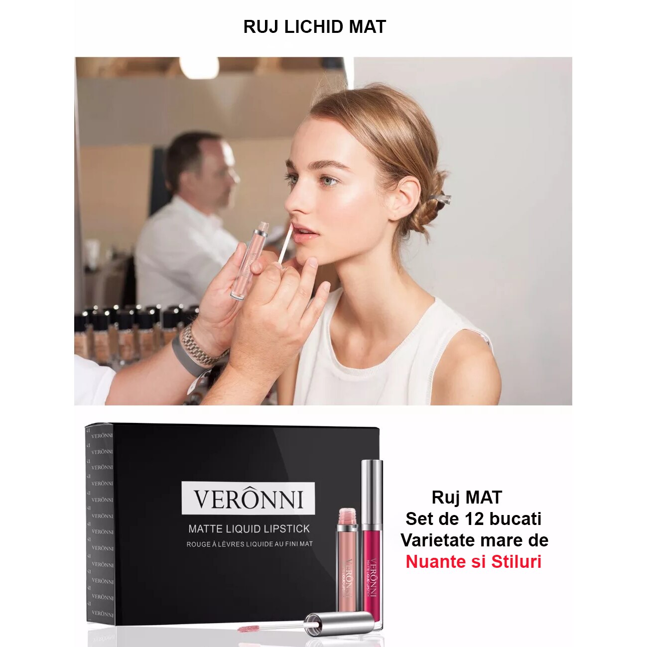 Set Ruj lichid MAT 12 Culori diferite rezistent la transfer, Veronni 6 ...