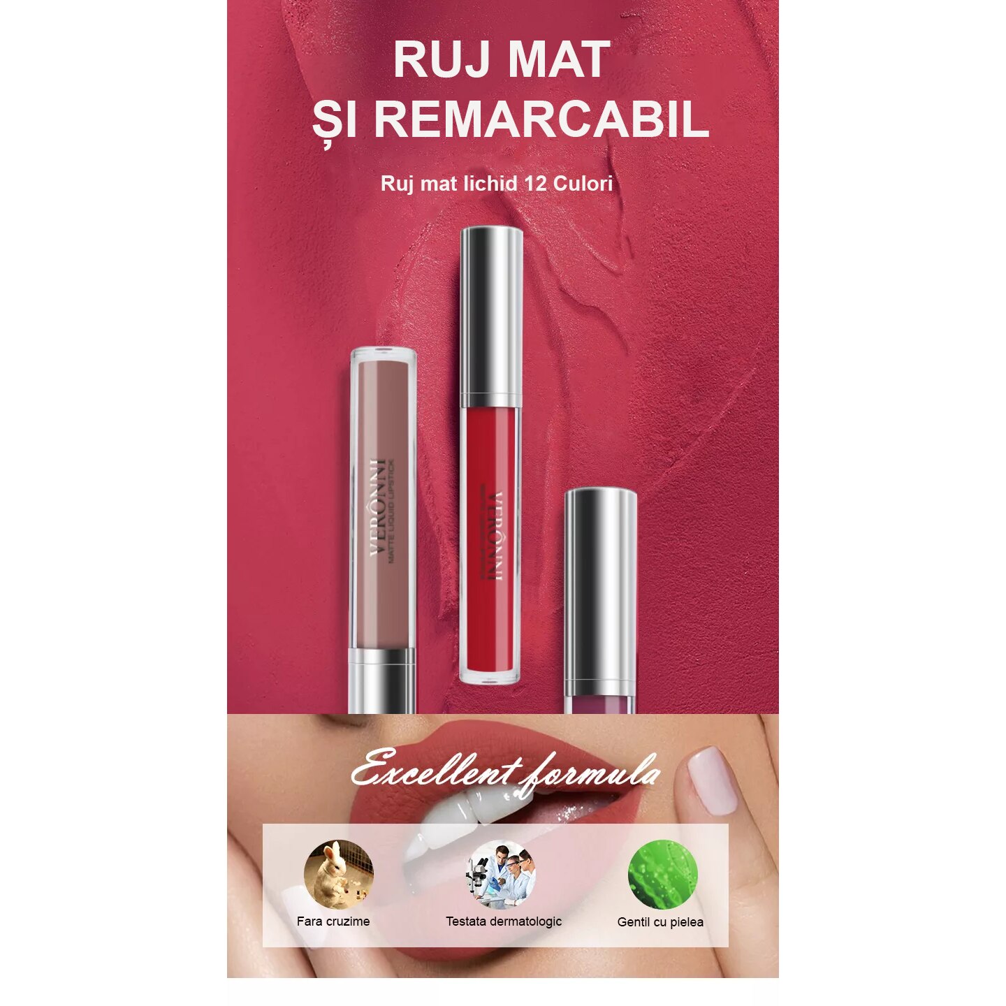 Set Ruj lichid MAT 12 Culori diferite rezistent la transfer, Veronni 6 ...