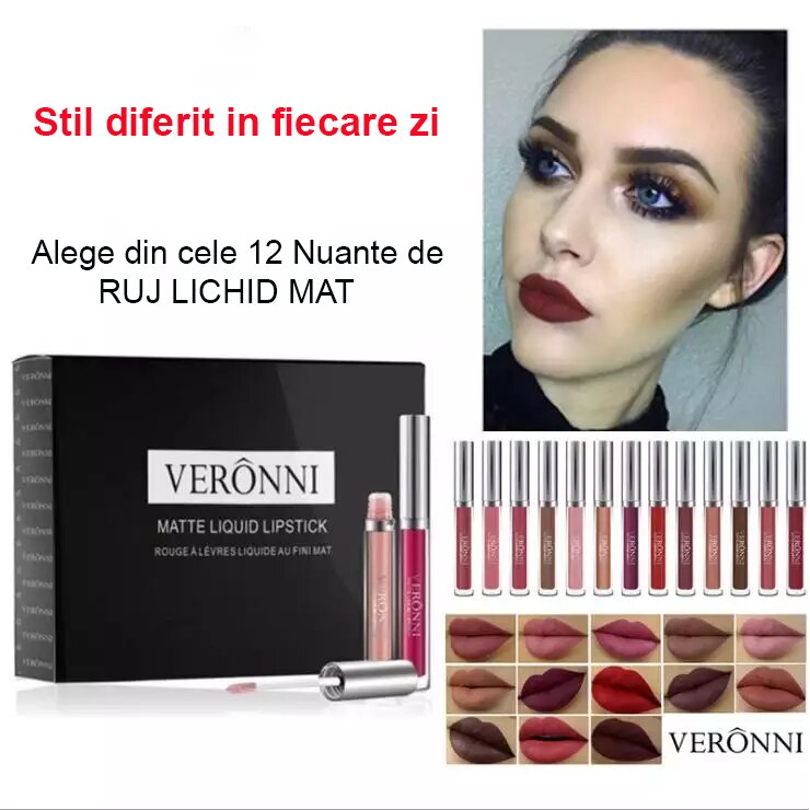 Set Ruj lichid MAT 12 Culori diferite rezistent la transfer, Veronni 6 ...