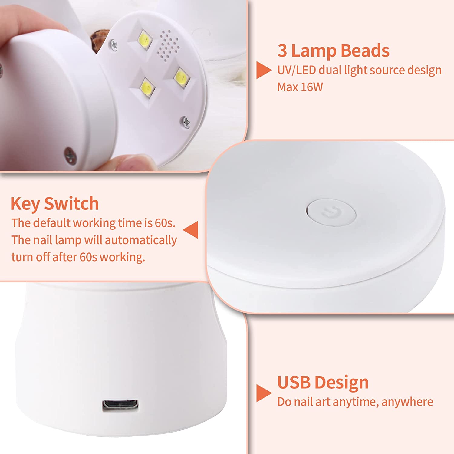 Mini lampa UV LED, Portabil, 16W, 50x60x61 mm, Alb - eMAG.ro