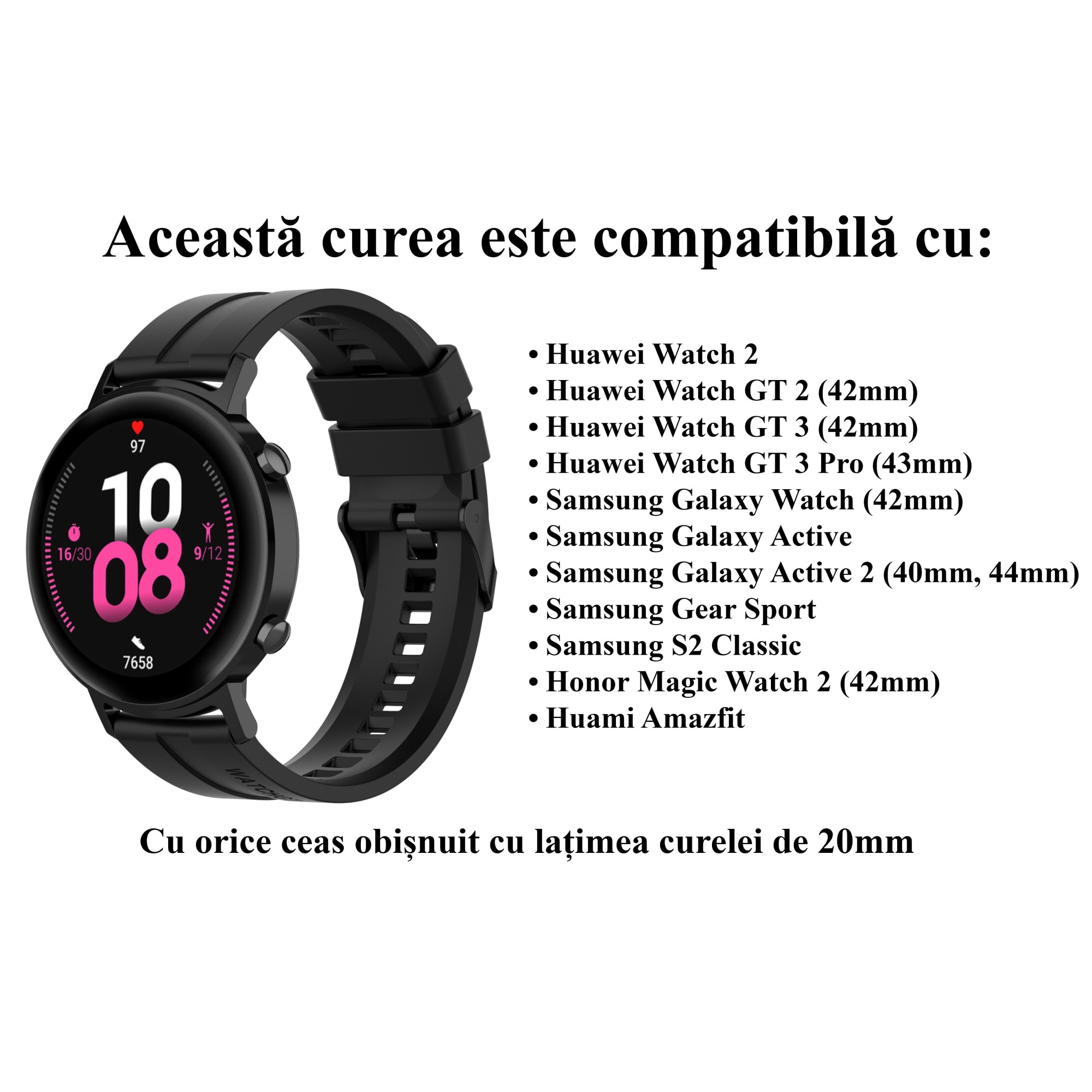 Curea silicon compatibila Huawei Watch GT 2, GT 3, 42mm, latime curea ...