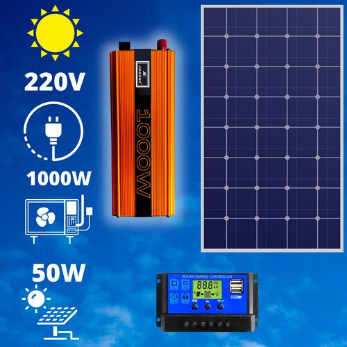 220V/12V napelem rendszer 50W panel 1000W inverter + töltésvezérlő ...