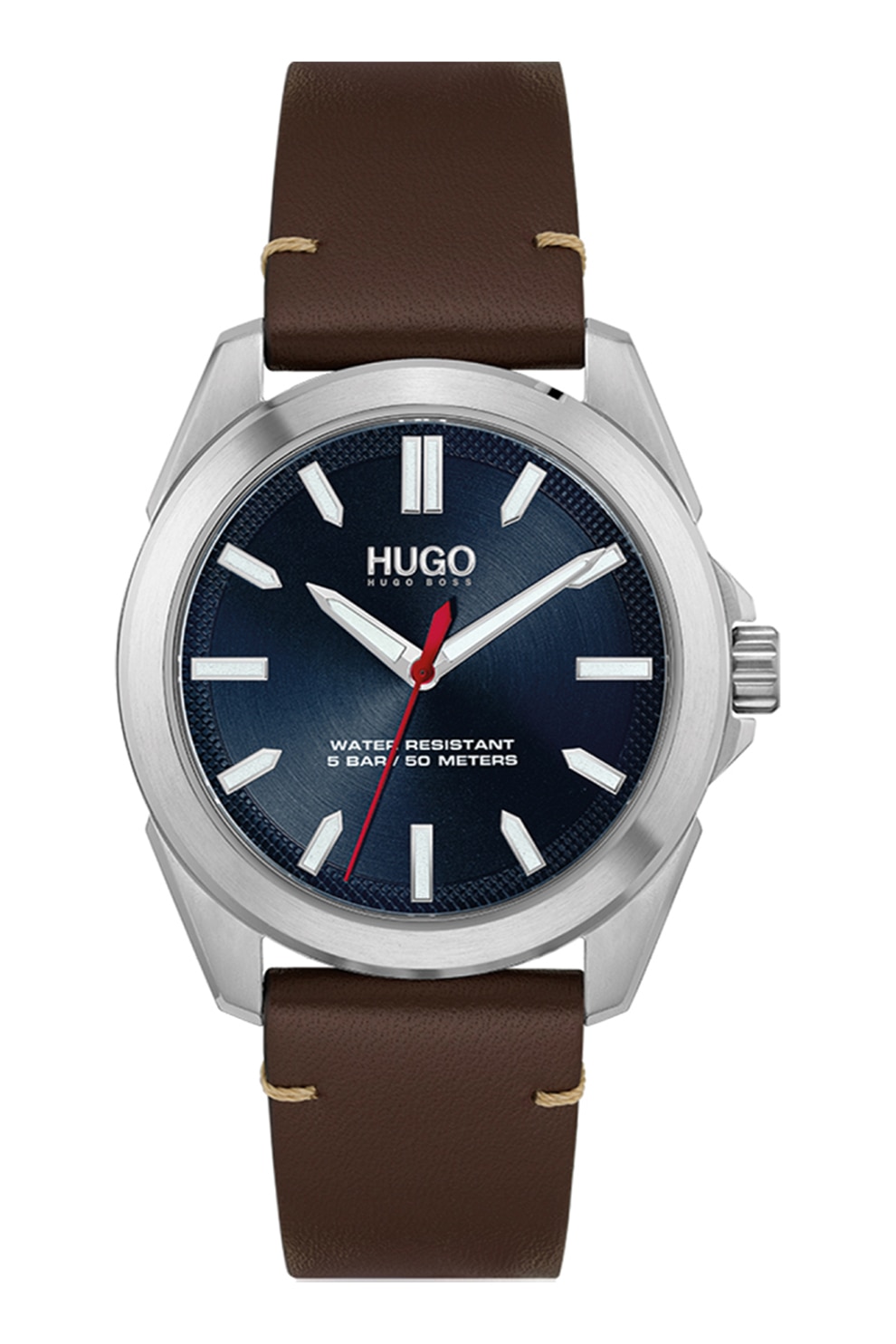 HUGO, Часовник с кожена каишка, Сребрист, Кафяв - eMAG.bg