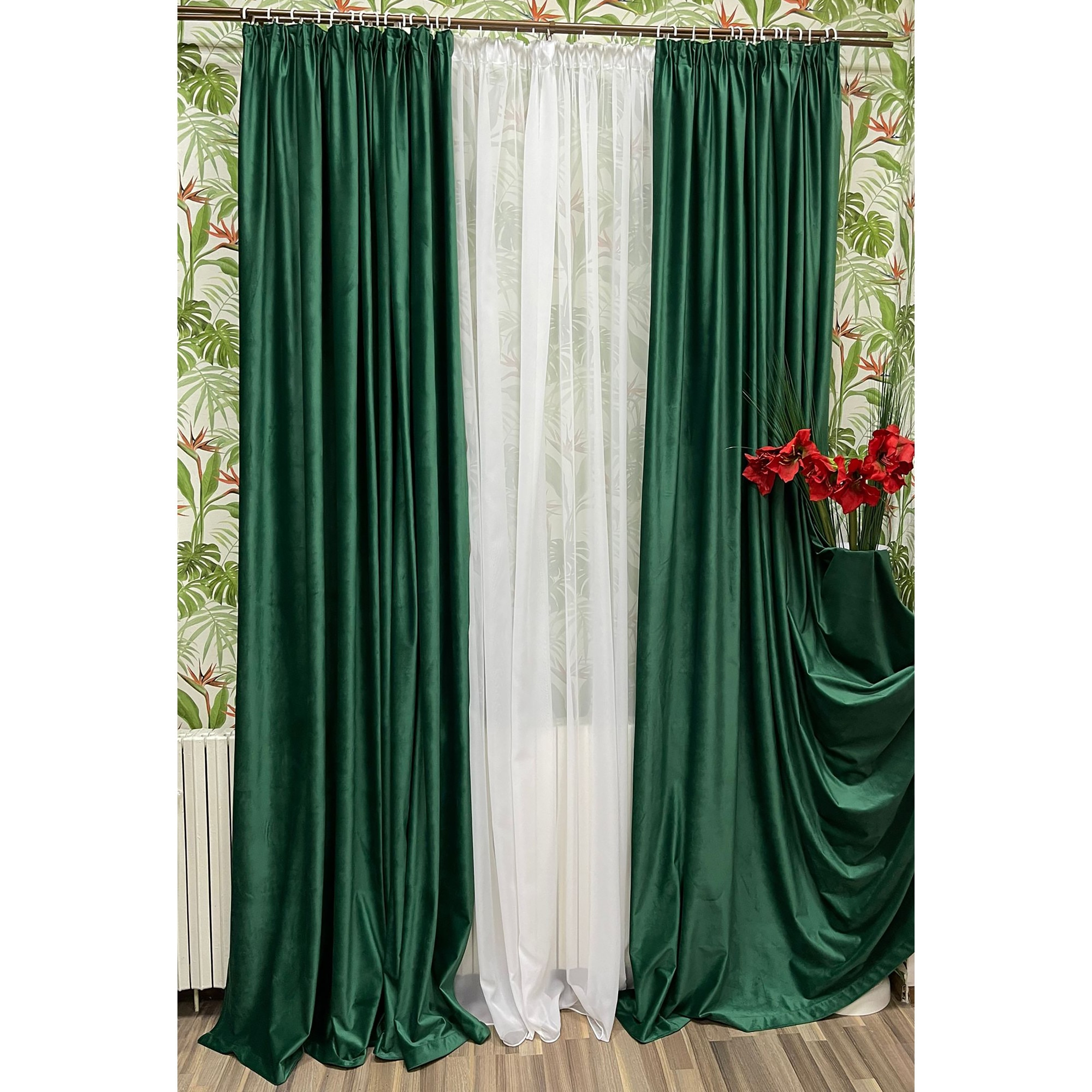 Set draperii catifea si perdea voal, culoare verde/alb, din colectia ...