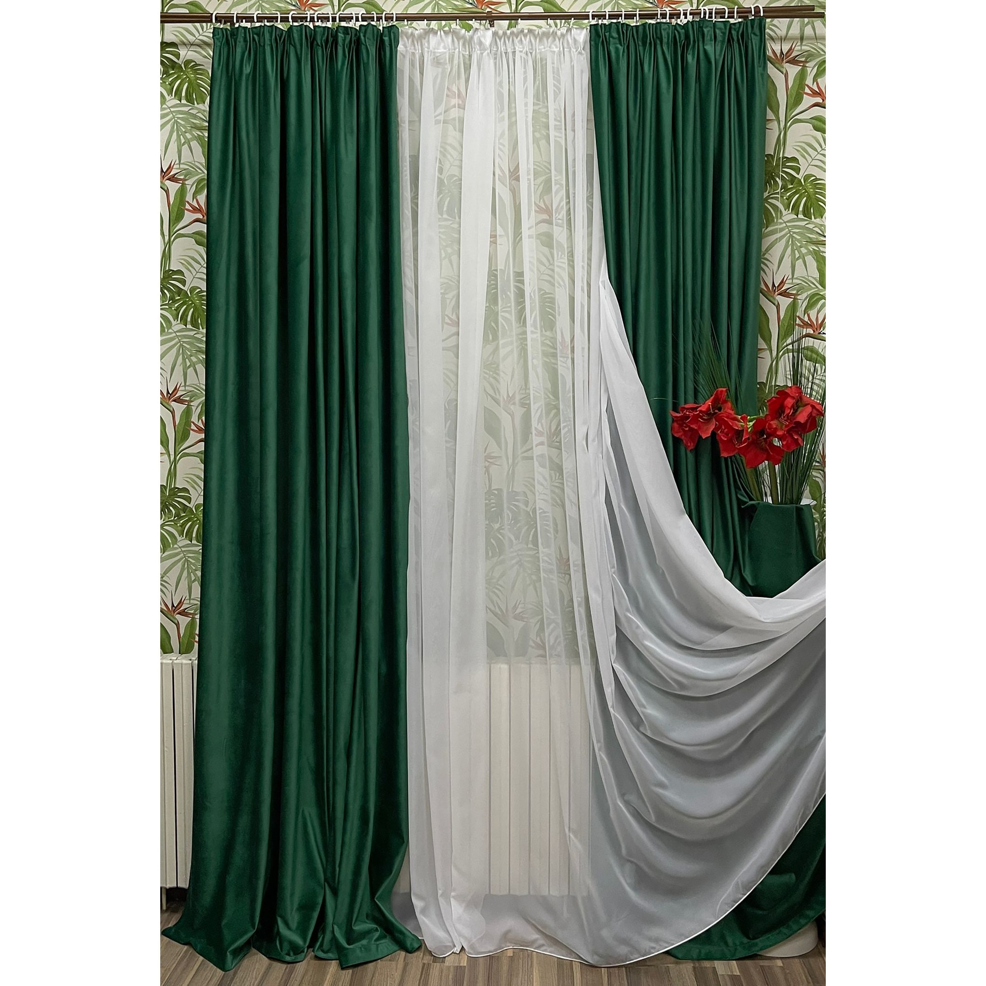 Set draperii catifea si perdea voal, culoare verde/alb, din colectia ...