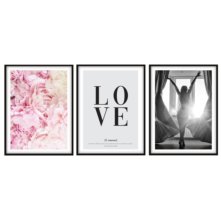 Set poster cu rama, PoStar, MDF, Alb/Roz/Negru, 3buc - eMAG.ro