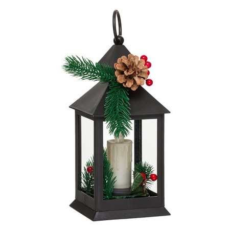 Felinar LED Decorativ Craciun Lumanare Neagra Ramura De Brad 11x11x23cm ...