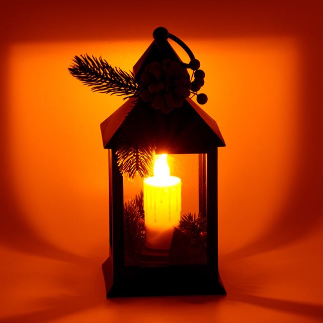 Felinar LED Decorativ Craciun Lumanare Neagra Ramura De Brad 11x11x23cm ...