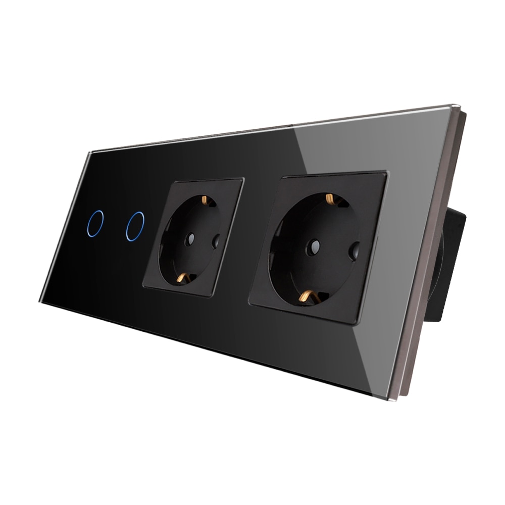 Intrerupator Dublu cu 2 Prize cu Rama din Sticla LUXION, Negru - eMAG.ro