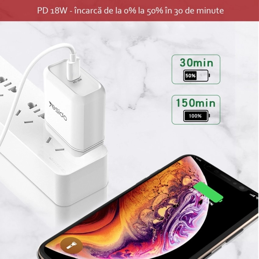 Incarcator premium Yesido - Travel Charger (YC23) - Type-C, PD, 18W, 3A ...