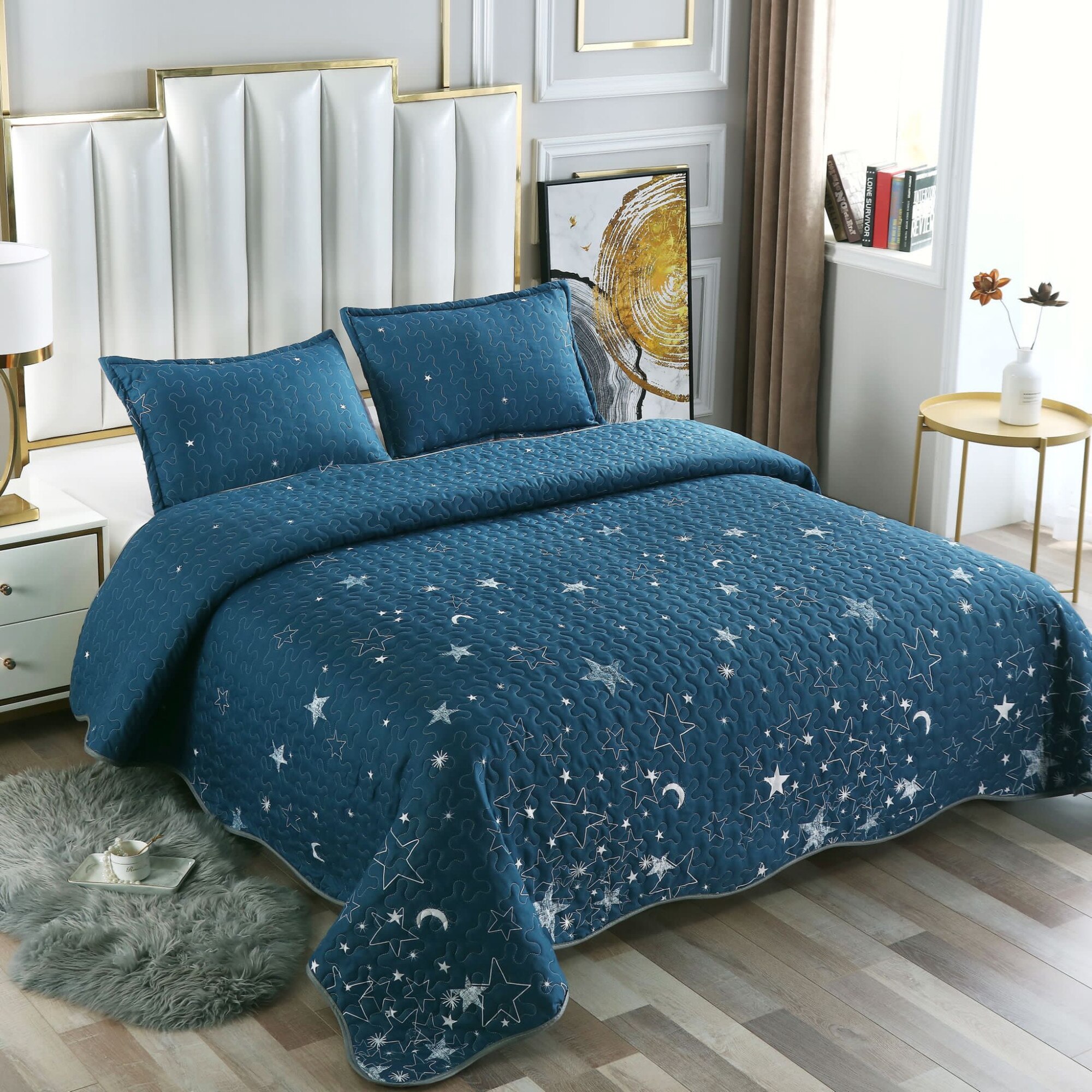 Set de 2 Persoane Cuvertura de Pat Bumbac 3 Piese, 2 Fete de Perna, Albastru, 230 x 250 cm - eMAG.ro