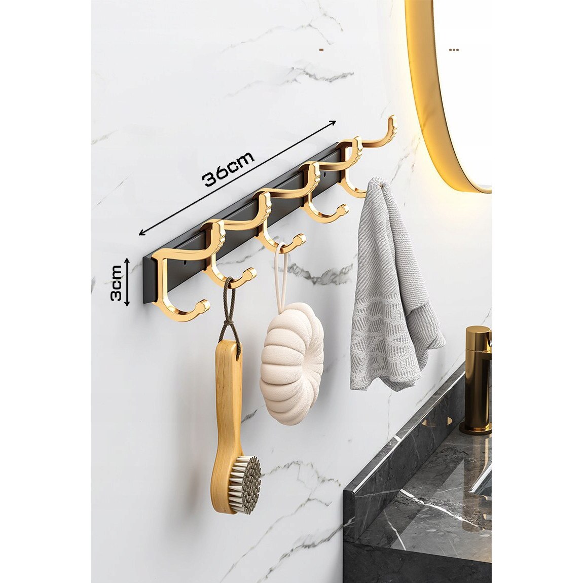 Suport prosoape, 5 carlige duble, glisante, Aluminiu, Negru/Auriu - eMAG.ro