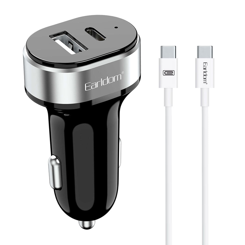 Зарядно устройство за кола Earldom ES-CC14, 1xUSB, 1xType-C, С PD Type-C кабел, Черен - eMAG.bg