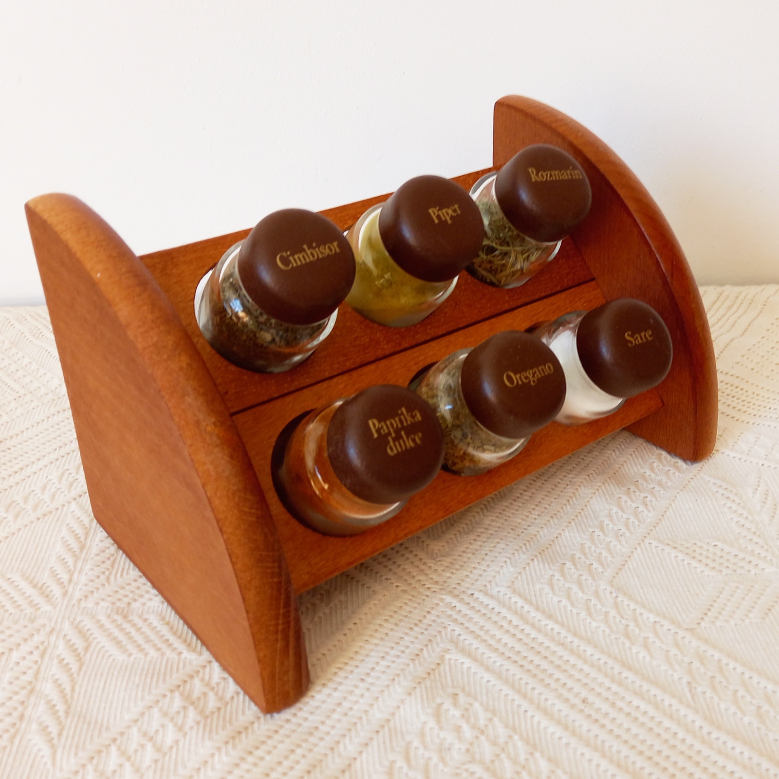 Set 6 Recipiente Condimente, Suport Din Lemn, Maro, 22x12 cm - eMAG.ro