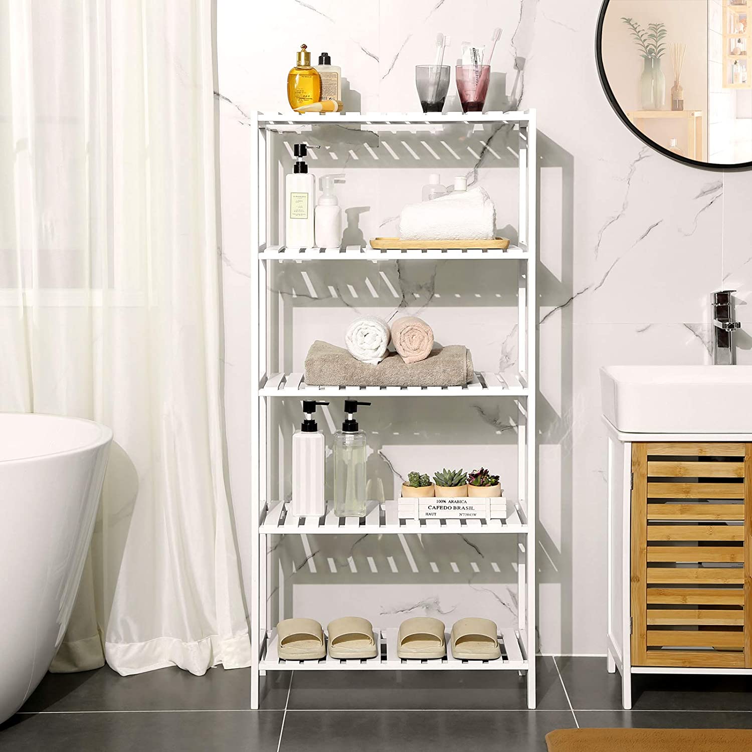 Raft de baie cu 5 niveluri SONGMICS, 9 inaltimi reglabile, hol, 60 x 26 ...