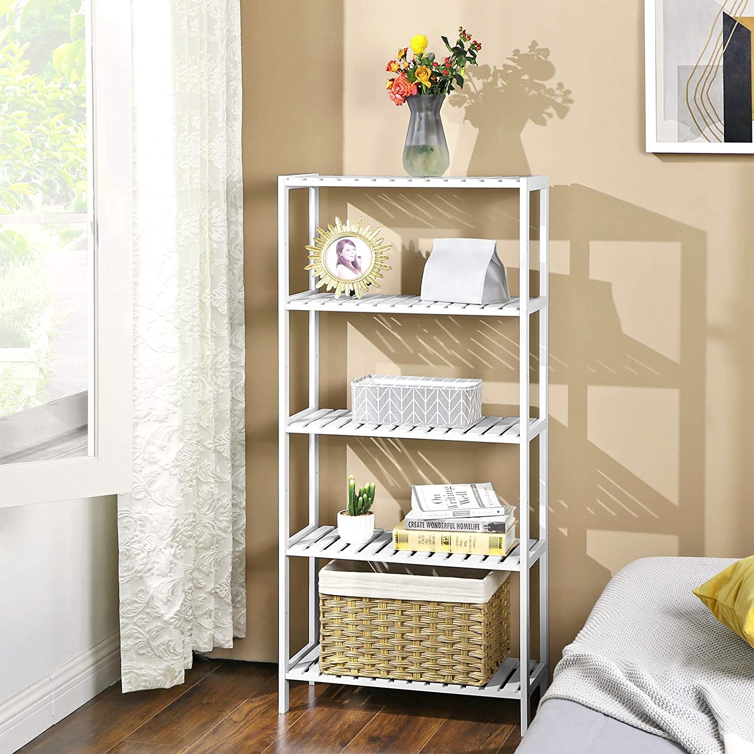 Raft de baie cu 5 niveluri SONGMICS, 9 inaltimi reglabile, hol, 60 x 26 ...