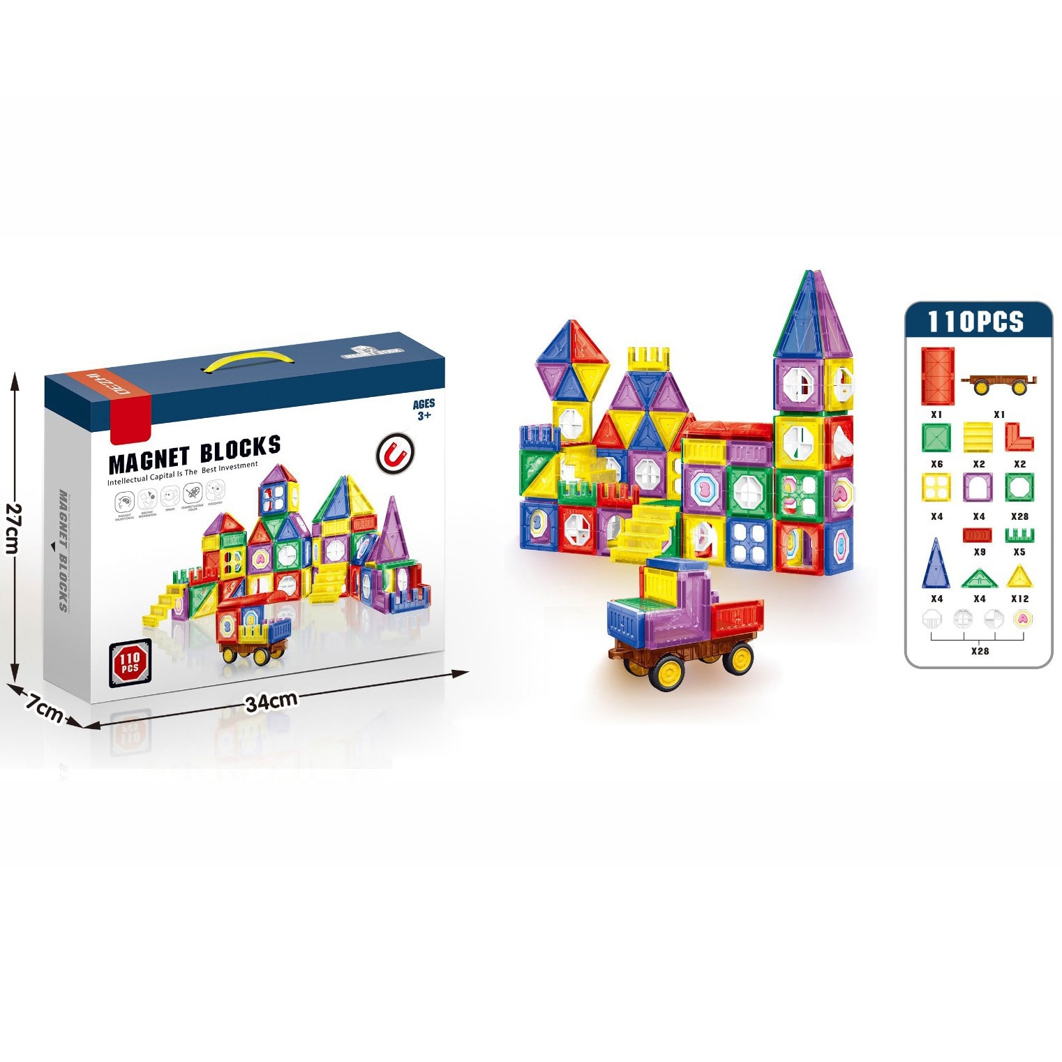 Set 110 piese magnetice de construit educational si creativ pentru ...