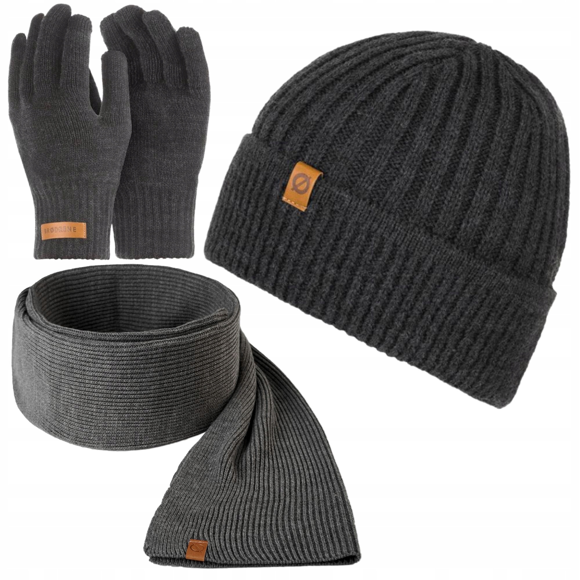 Set caciula cu fular si manusi barbati Brodrene, Acril, Gri inchis ...