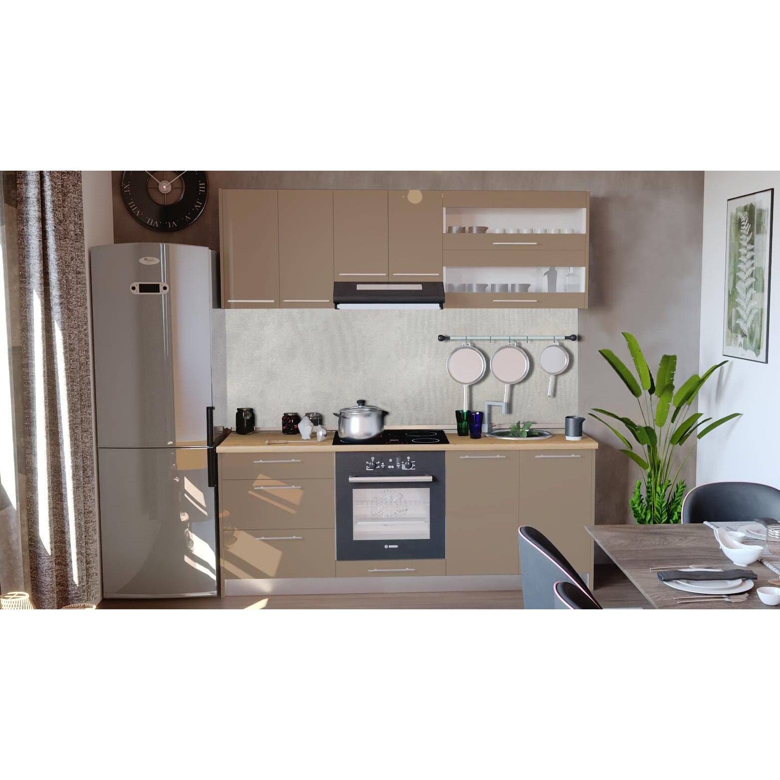 Set Bucatarie DOMINO 02 200cm, Fronturi MDF Lucios Capucino, Blat ...