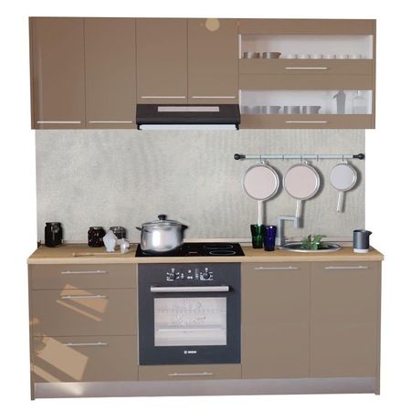 Set Bucatarie DOMINO 02 200cm, Fronturi MDF Lucios Capucino, Blat ...