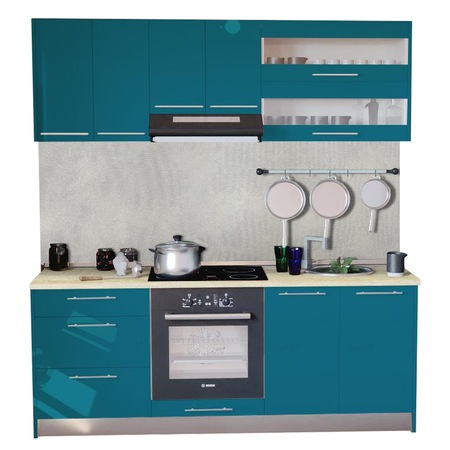 Set Bucatarie DOMINO 02 200cm, Fete MDF Lucios Turcoaz, Blat Niagara ...