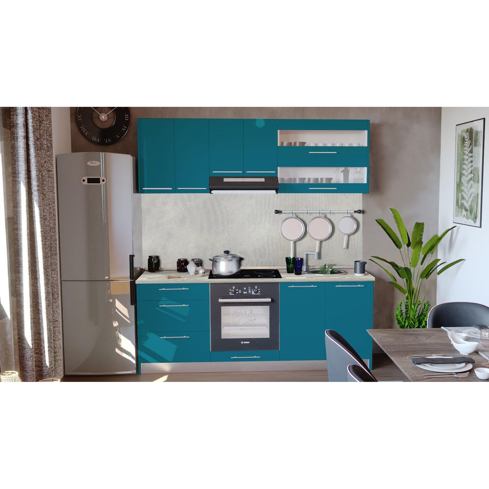 Set Bucatarie DOMINO 02 200cm, Fete MDF Lucios Turcoaz, Blat Lemn Albit ...