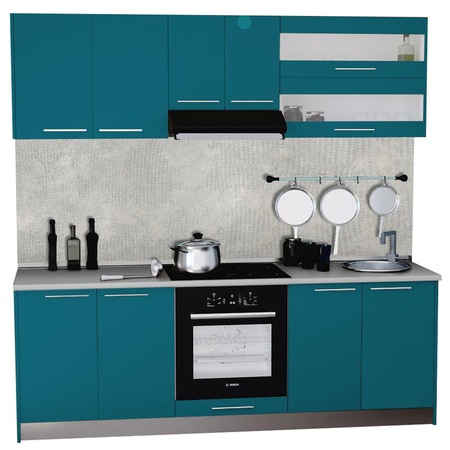 Set Bucatarie DOMINO 03 220cm, Fete MDF Lucios Turcoaz, Blat Gri ...