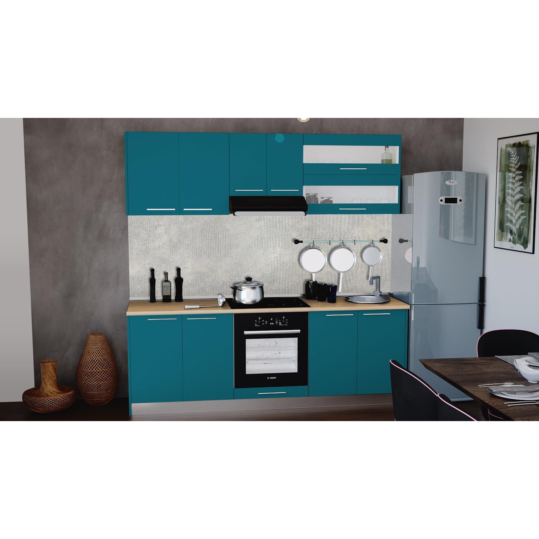 Set Bucatarie DOMINO 03 220cm, Fronturi MDF Lucios Turcoaz, Blat Stejar ...