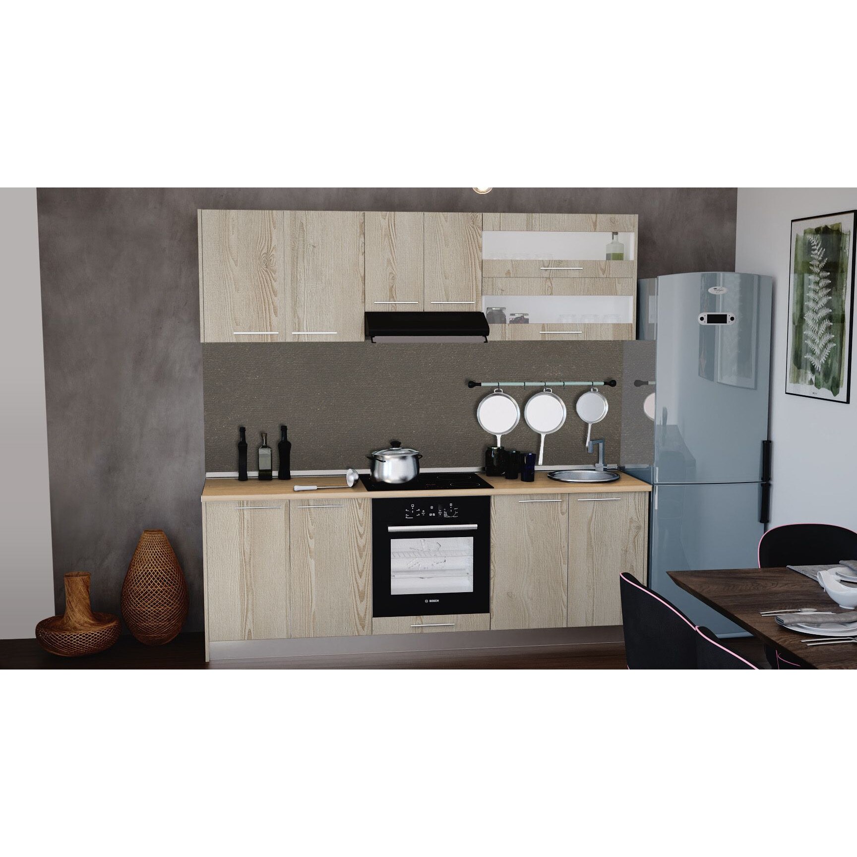 Set Bucatarie DOMINO 03 220cm, Fronturi PAL Pin Crem 1, Blat Stejar ...