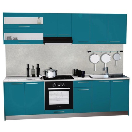 Set Bucatarie DOMINO 05 260cm, Fronturi MDF Lucios Turcoaz, Blat ...
