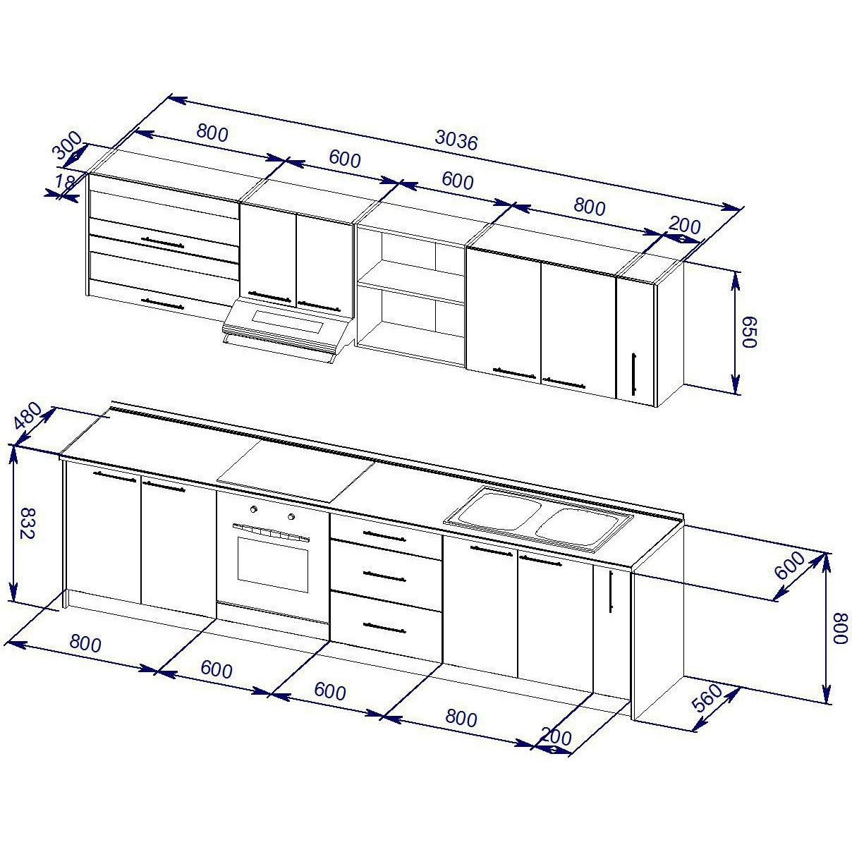 Set Bucatarie DOMINO 07 300cm, Fronturi MDF Lucios Turcoaz, Blat Gri ...