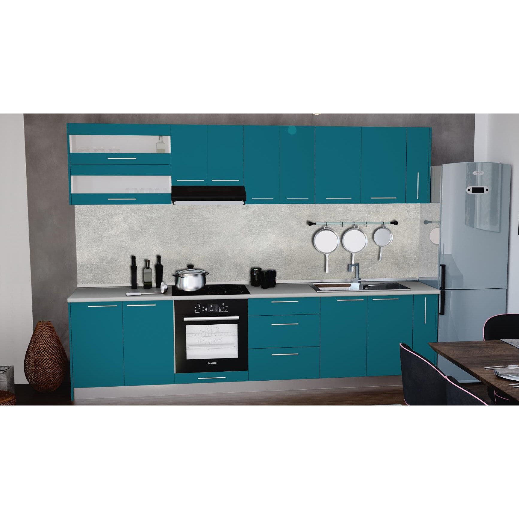 Set Bucatarie DOMINO 07 300cm, Fronturi MDF Lucios Turcoaz, Blat Gri ...