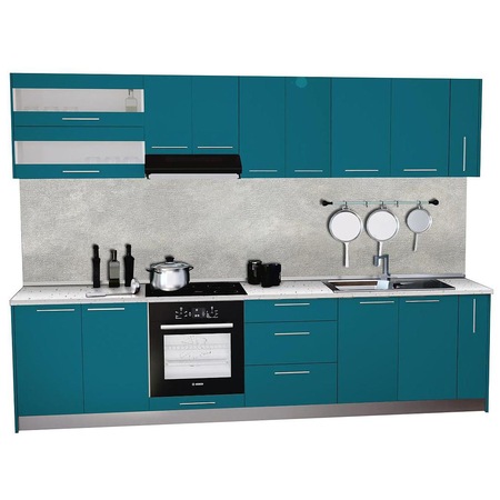 Set Bucatarie DOMINO 07 300cm, Fronturi MDF Lucios Turcoaz, Blat ...